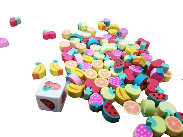 Mini fruit erasers with fruit dice | Therapy Fun Store and TMC Adaptations
